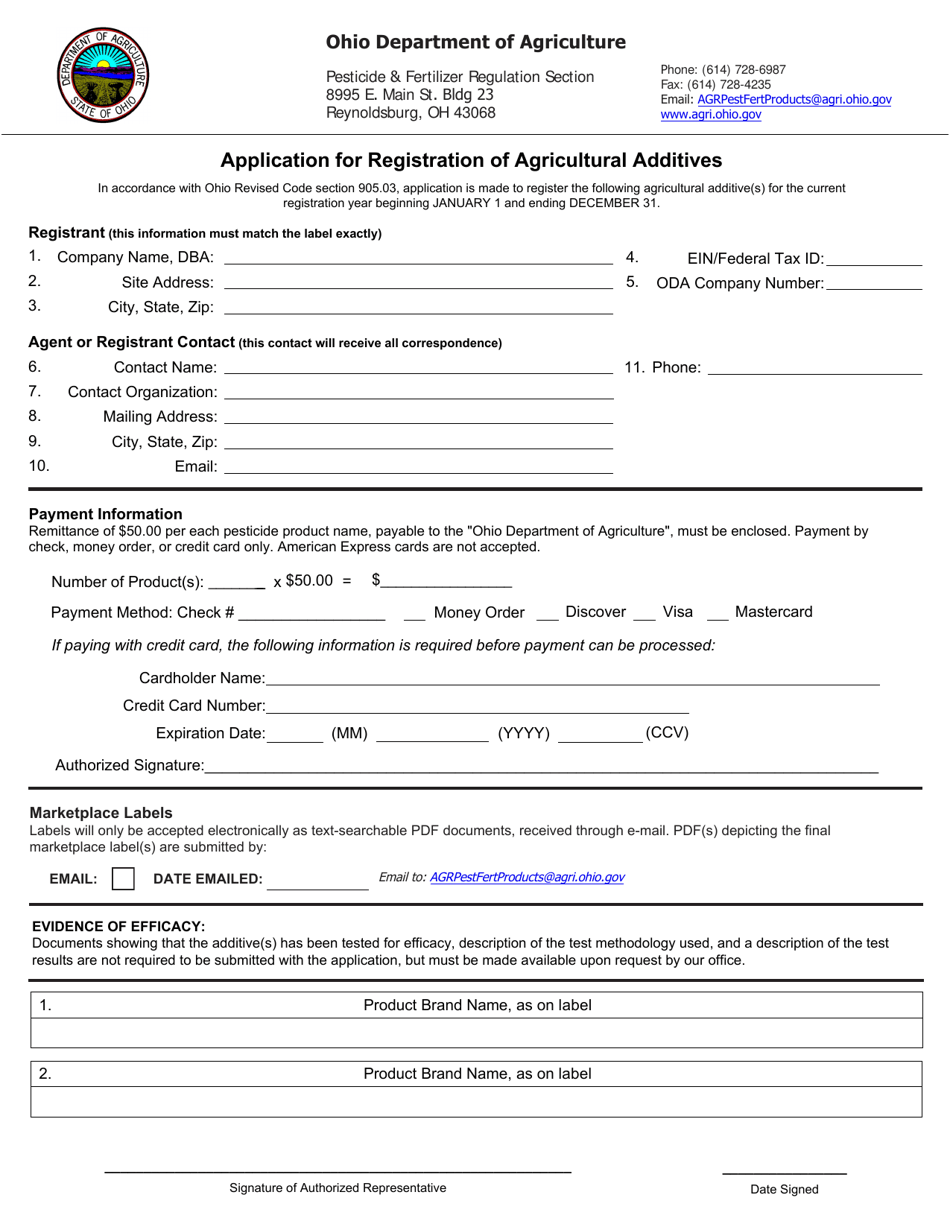 Ohio Application for Registration of Agricultural Additives - Fill Out ...