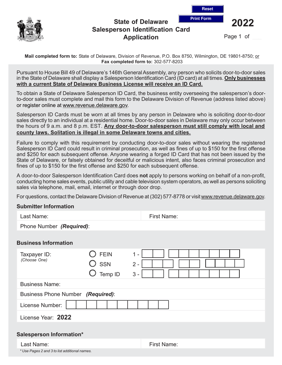 2022 Delaware Salesperson Identification Card Application - Fill Out ...