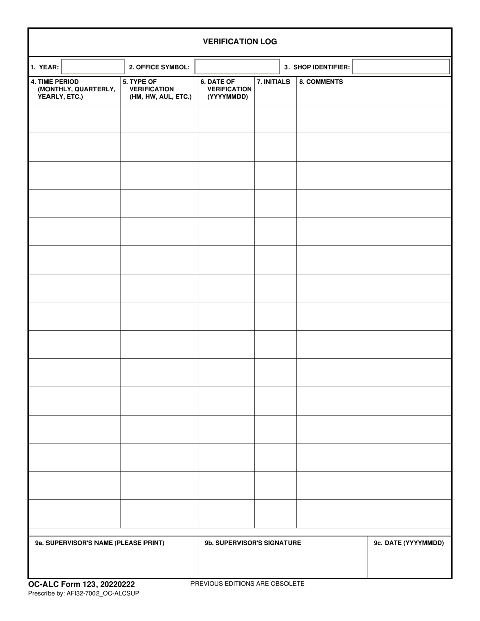 OC-ALC Form 123 Download Fillable PDF or Fill Online Verification Log ...