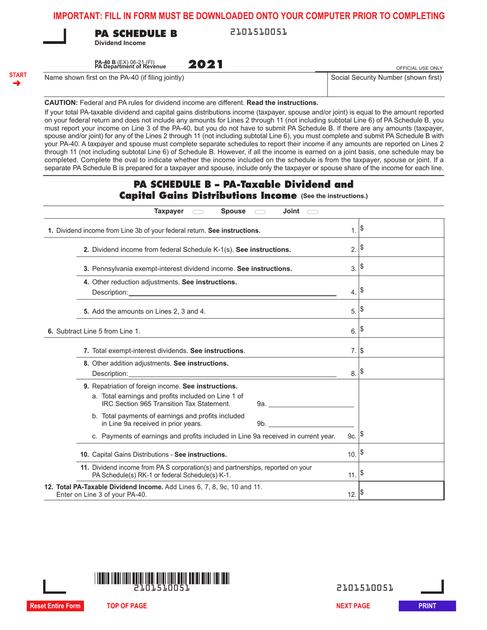 Form PA-40 Schedule B - 2021 - Fill Out, Sign Online and Download ...