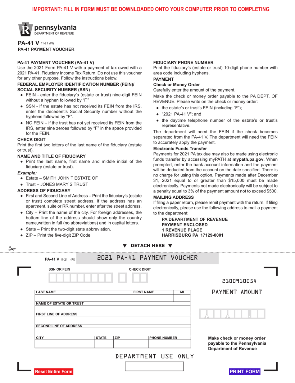 Form PA-41 V - 2021 - Fill Out, Sign Online and Download Fillable PDF, Pennsylvania | Templateroller