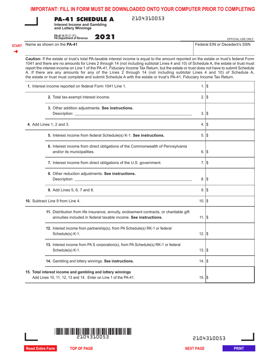 Form PA-41 Schedule A - 2021 - Fill Out, Sign Online and Download ...