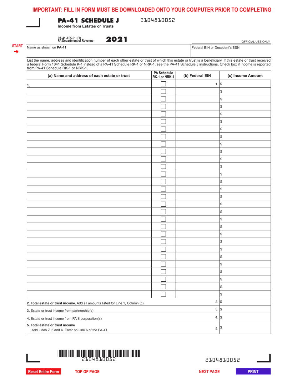 Form PA-41 Schedule J - 2021 - Fill Out, Sign Online and Download ...