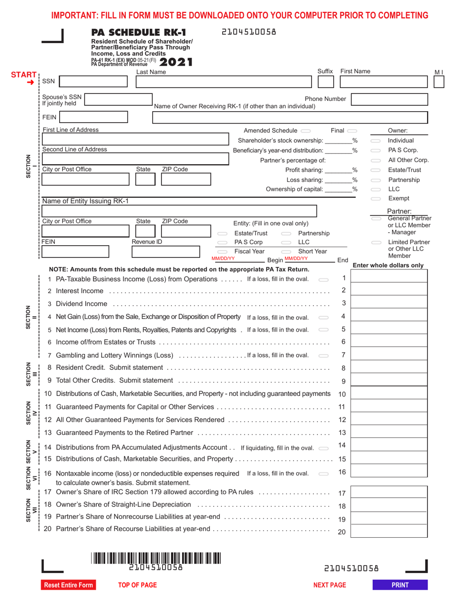 Form PA-41 Schedule RK-1 - 2021 - Fill Out, Sign Online and Download ...