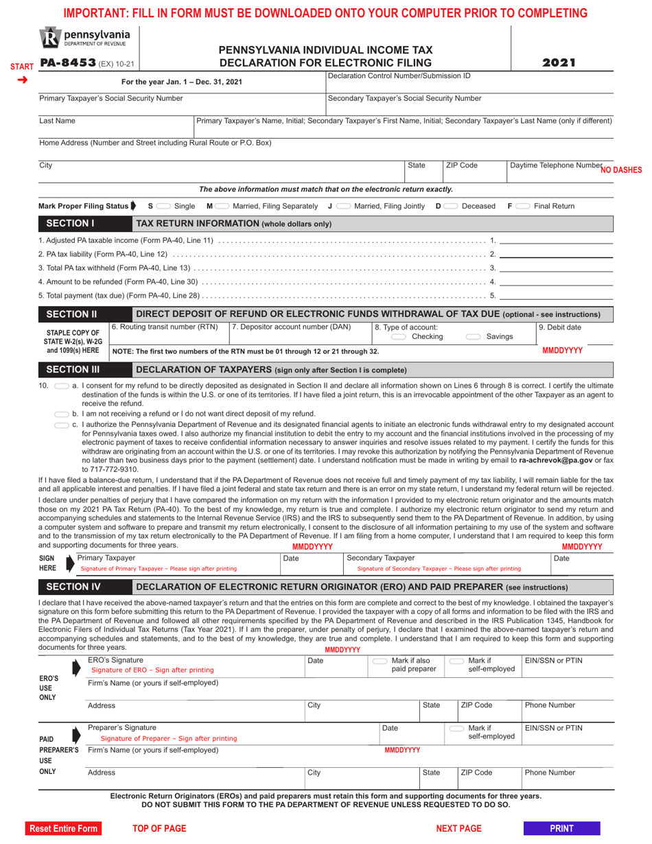 Form PA-8453 - 2021 - Fill Out, Sign Online and Download Fillable PDF ...