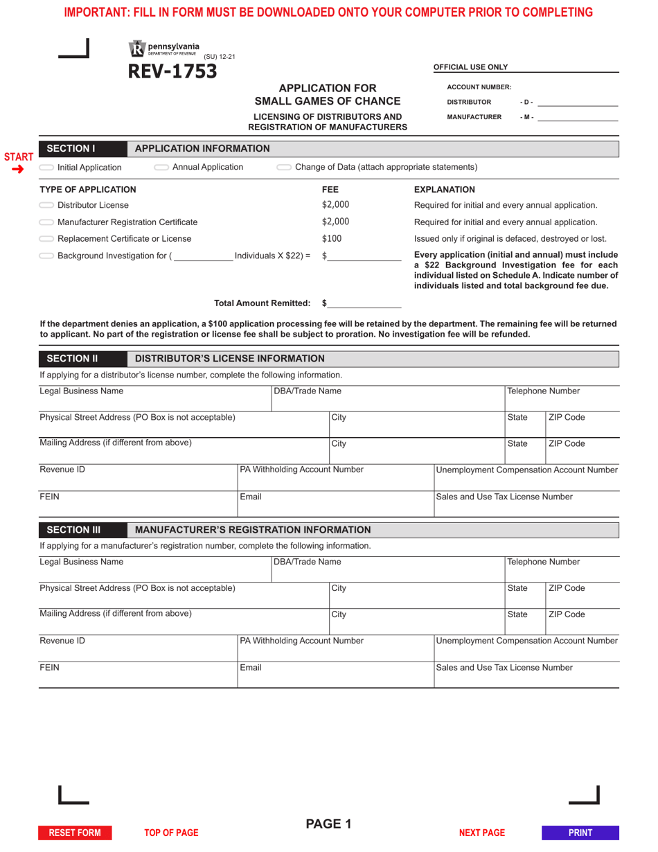 Form REV-1753 Download Fillable PDF or Fill Online Application for Small Games of Chance ...