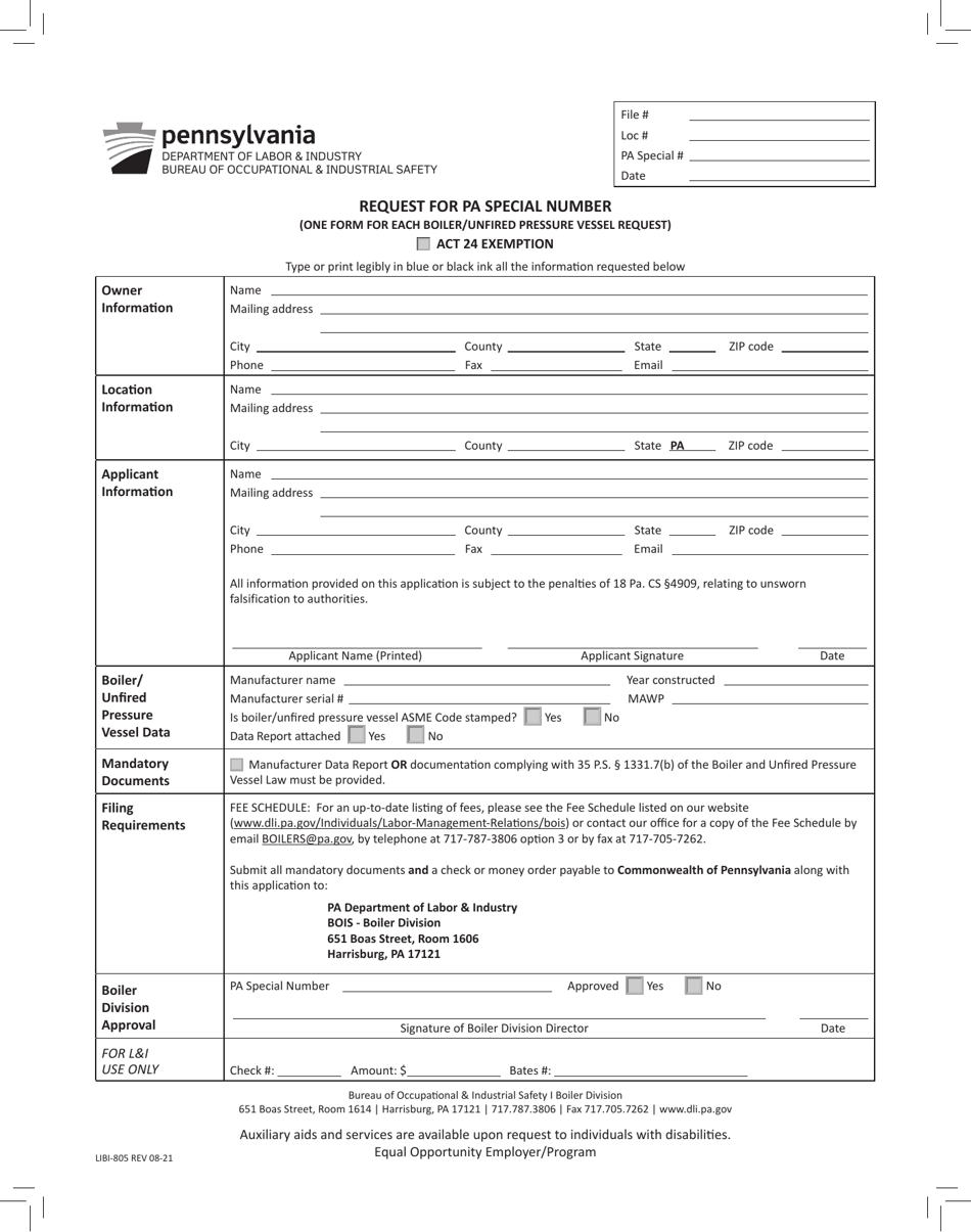 Form LIBI-805 Download Fillable PDF or Fill Online Request for Pa Special Number, Pennsylvania ...