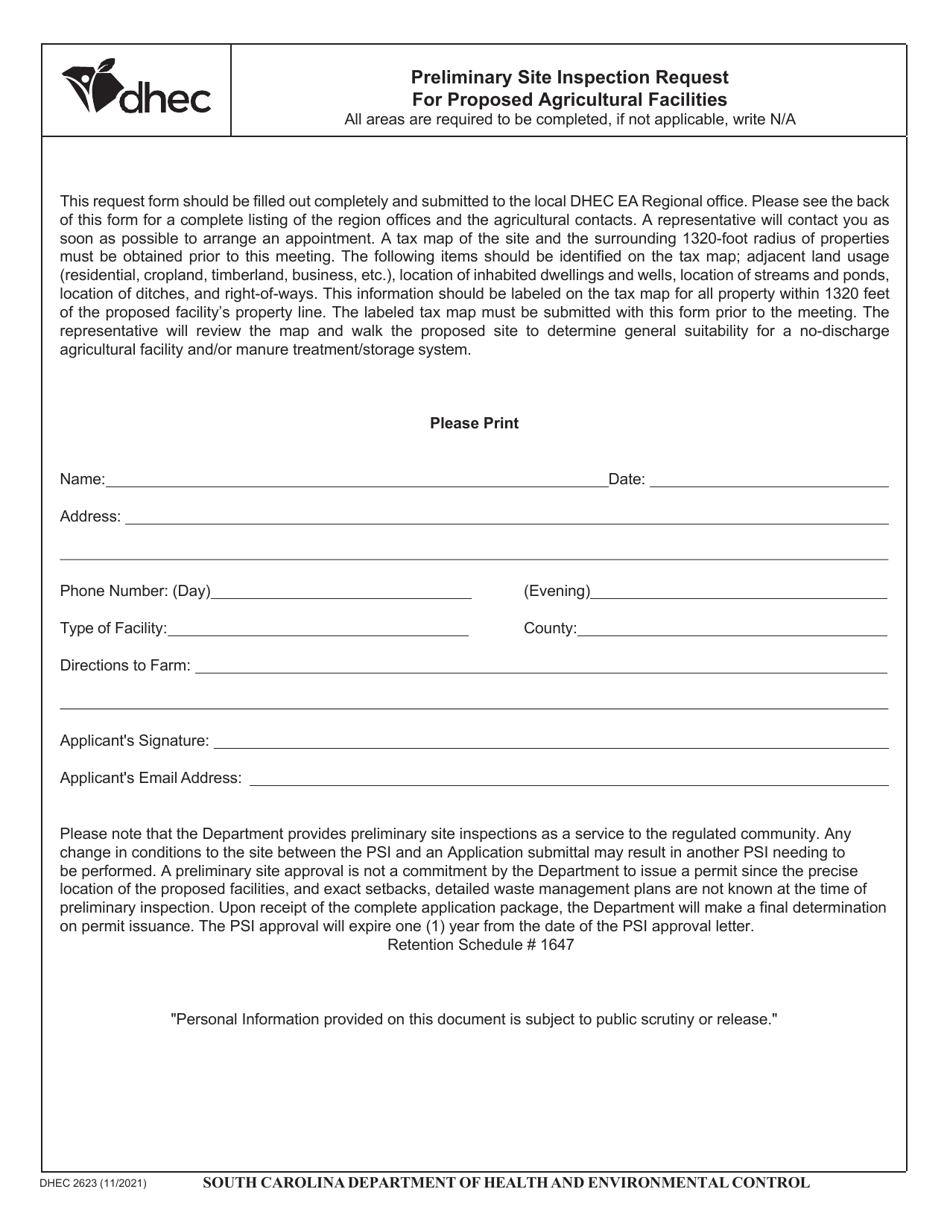 DHEC Form 2623 - Fill Out, Sign Online and Download Fillable PDF, South ...
