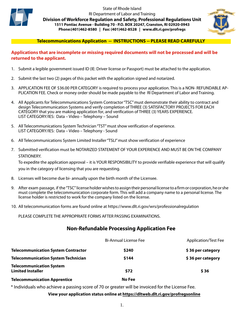 Rhode Island Telecommunications - Application for Examination and ...