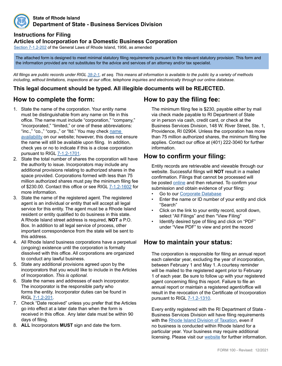 Form 100 - Fill Out, Sign Online and Download Fillable PDF, Rhode ...