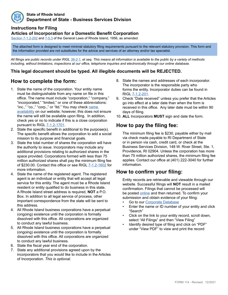 Form 114 - Fill Out, Sign Online and Download Fillable PDF, Rhode ...