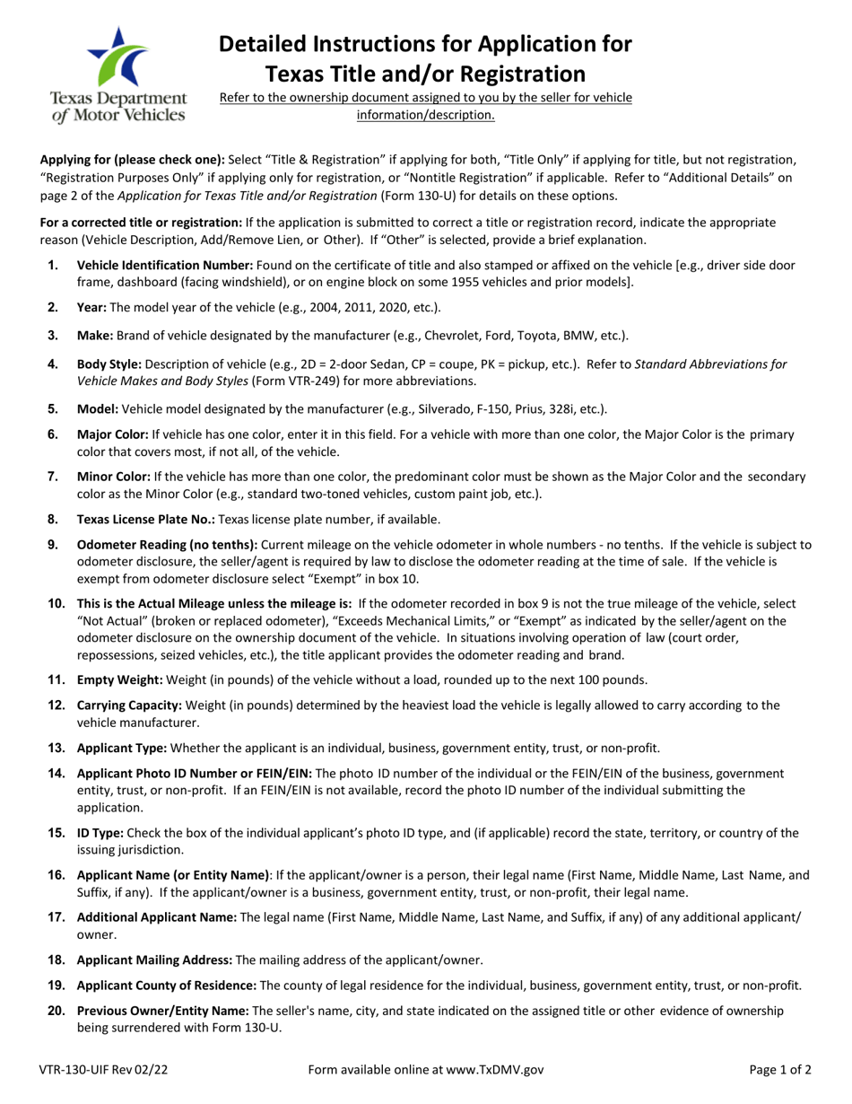 Download Instructions for Form VTR-130 Application for Texas Title and ...