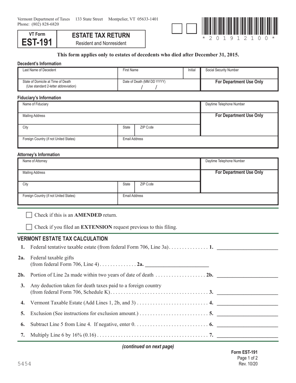 VT Form EST-191 Download Fillable PDF or Fill Online Estate Tax Return ...