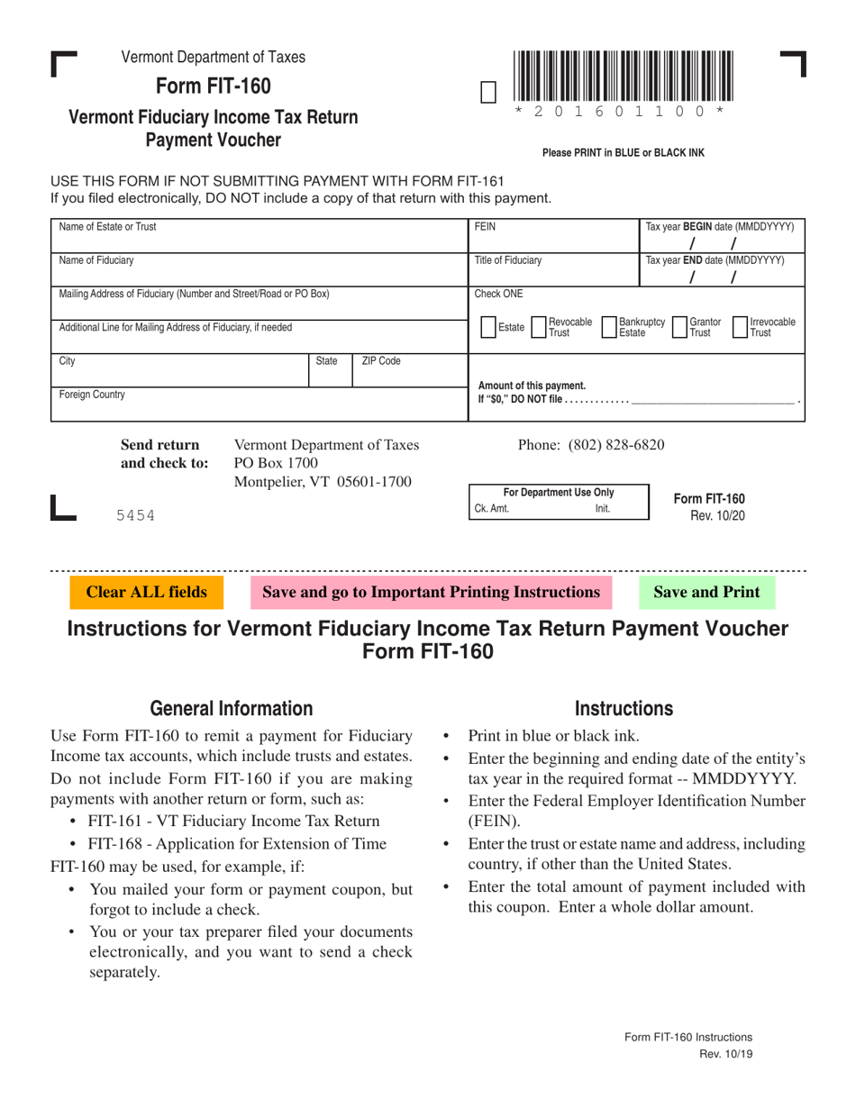VT Form FIT-160 Download Fillable PDF or Fill Online Vermont Fiduciary ...