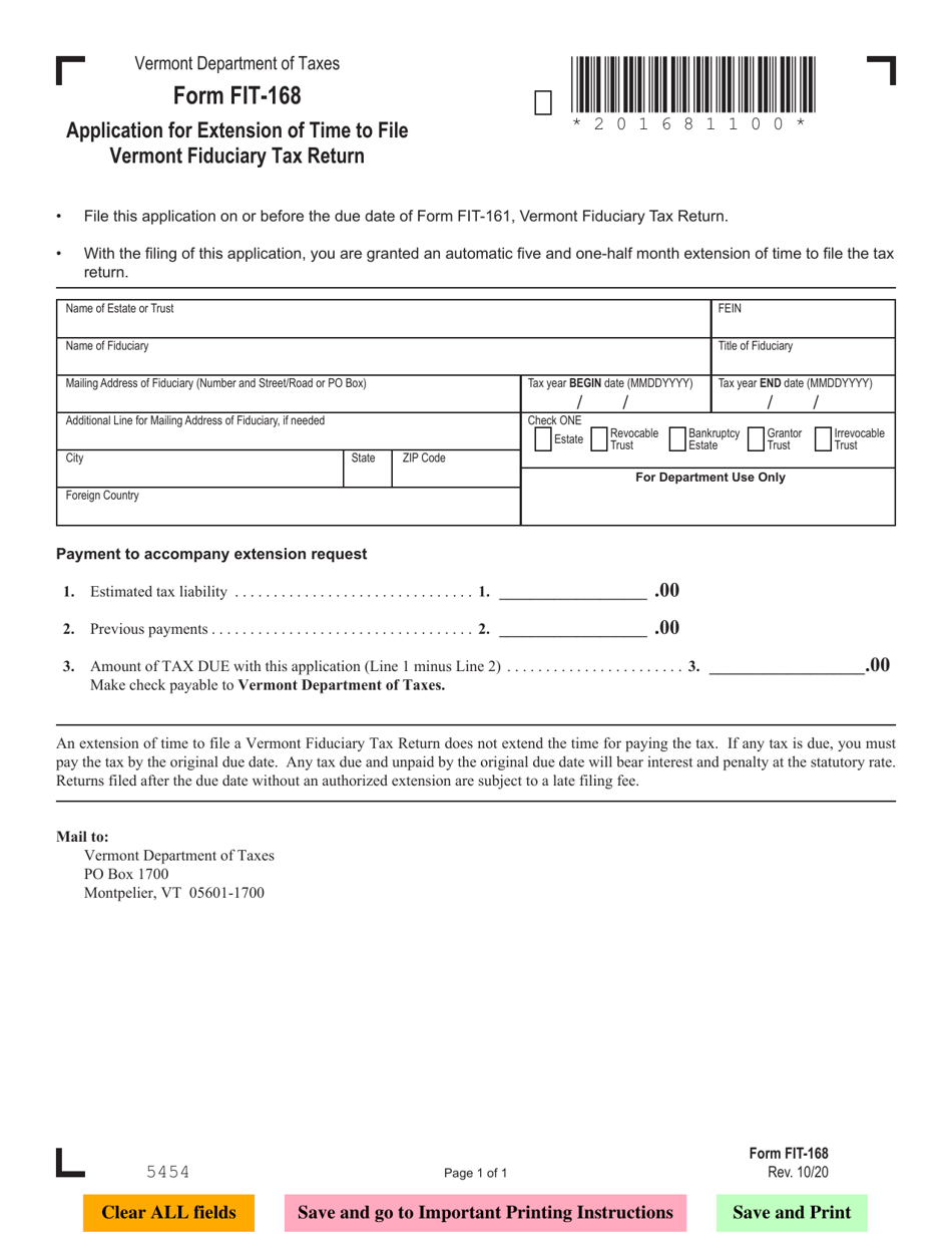 VT Form FIT-168 Download Fillable PDF or Fill Online Application for ...
