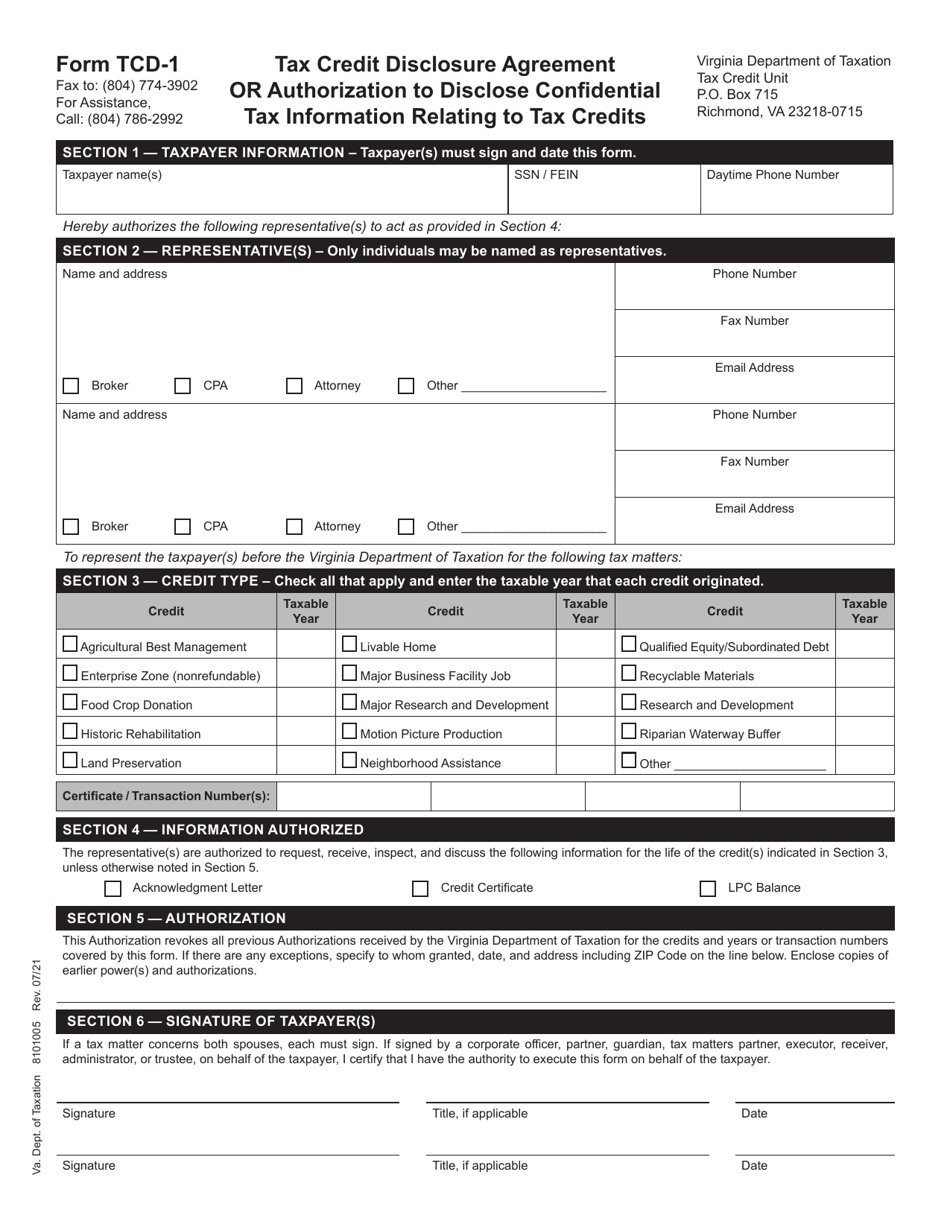 Form TCD-1 Download Fillable PDF or Fill Online Tax Credit Disclosure ...