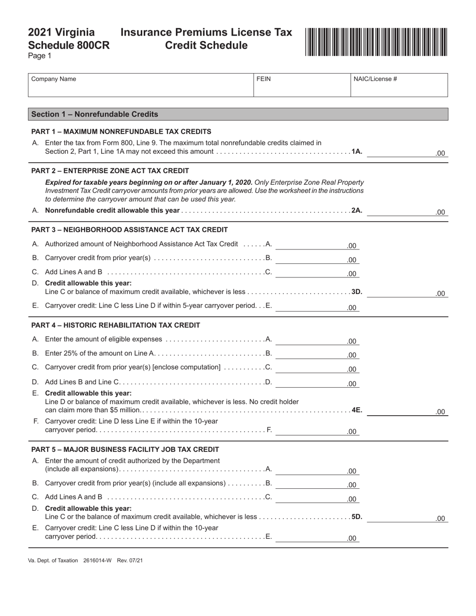 2021 Virginia Insurance Premiums License Tax Credit Schedule - Fill Out ...