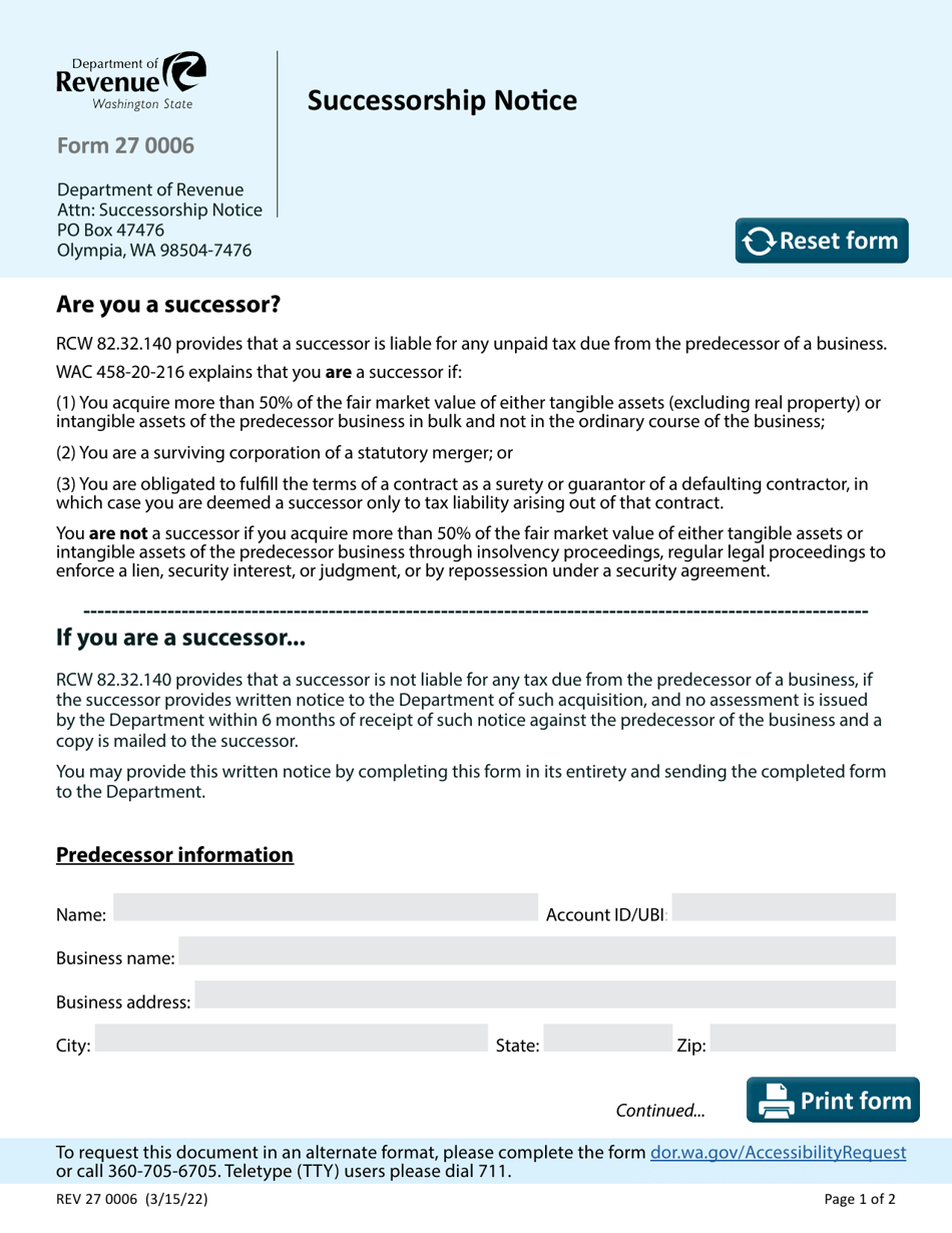 Form REV27 0006 Download Fillable PDF or Fill Online Successorship ...