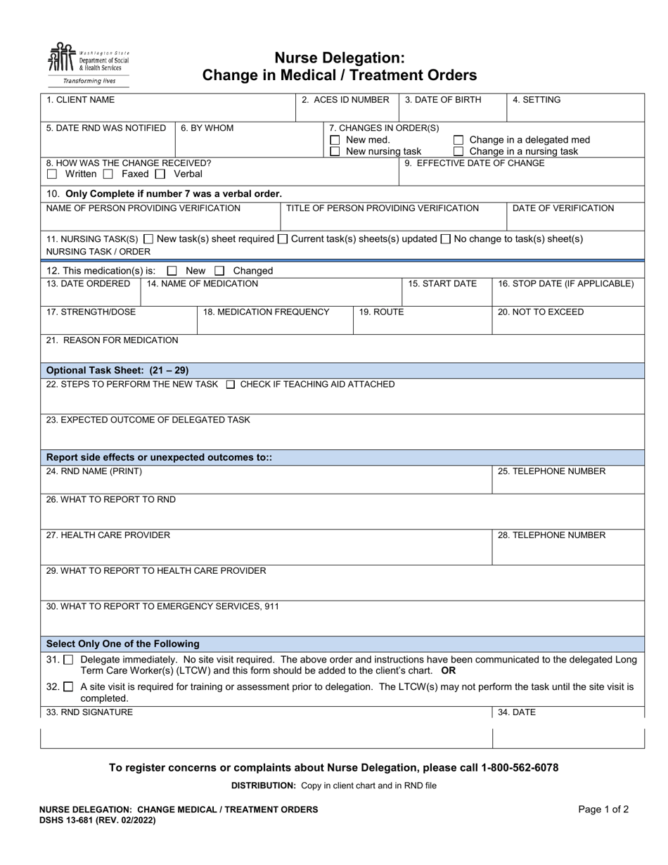 DSHS Form 13-681 Download Fillable PDF or Fill Online Nurse Delegation ...