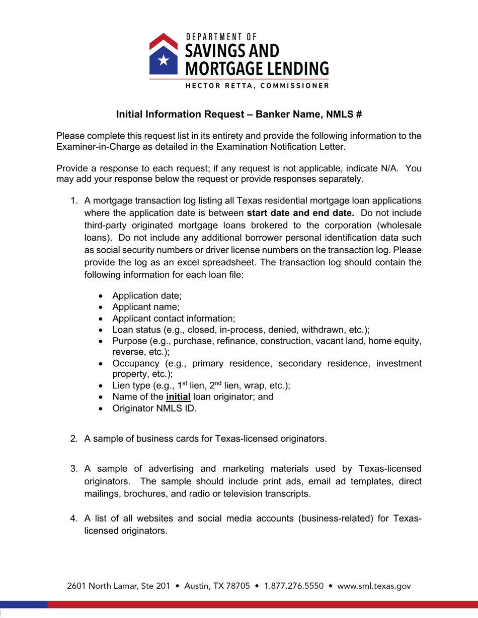 Texas Mortgage Banker Initial Information Request - Fill Out, Sign ...