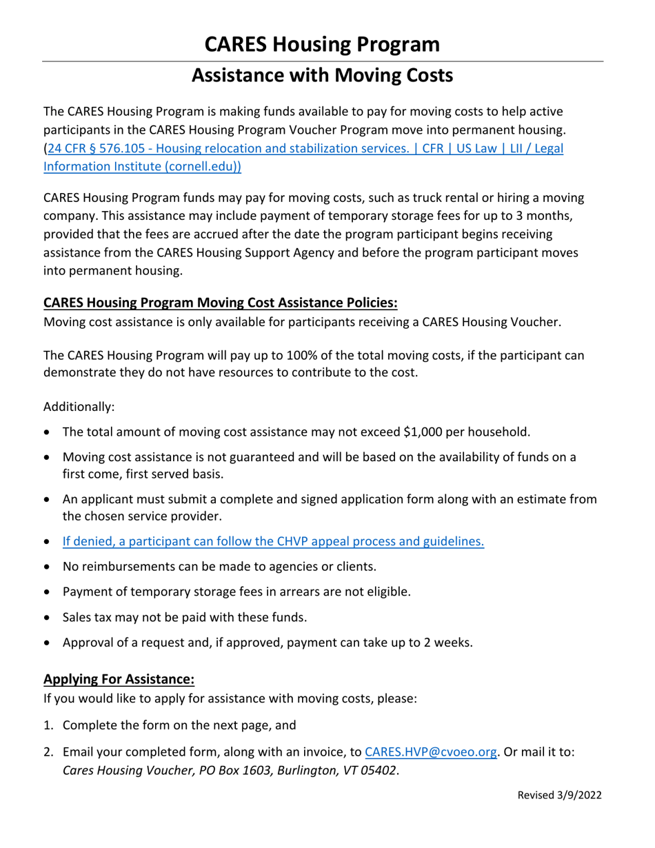 Vermont Cares Assistance With Moving Costs: Application Form - Fill Out ...