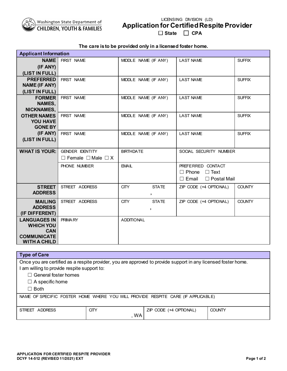 DCYF Form 14-512 Download Fillable PDF or Fill Online Application for ...
