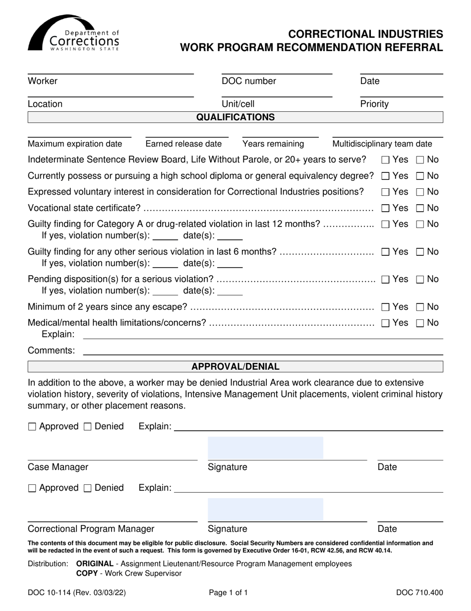 Form DOC10-114 Download Printable PDF or Fill Online Correctional ...