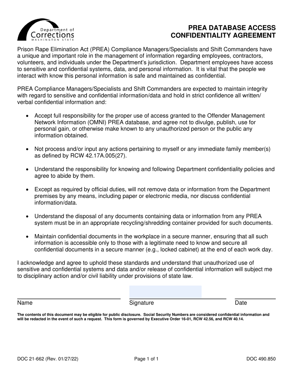 Form DOC21-662 Download Printable PDF or Fill Online Prea Database ...
