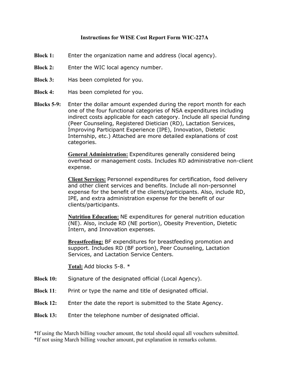 Download Instructions for Form WIC-227A Wise Cost Report PDF ...