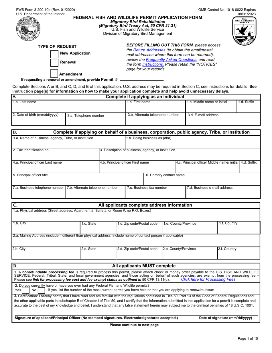 FWS Form 3-200-10B Download Fillable PDF or Fill Online Federal Fish and Wildlife Permit ...