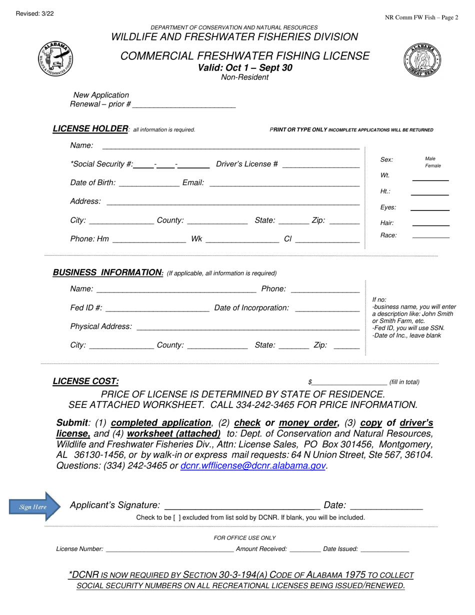 Alabama Commercial Freshwater Fishing License - Non-resident - Fill Out ...
