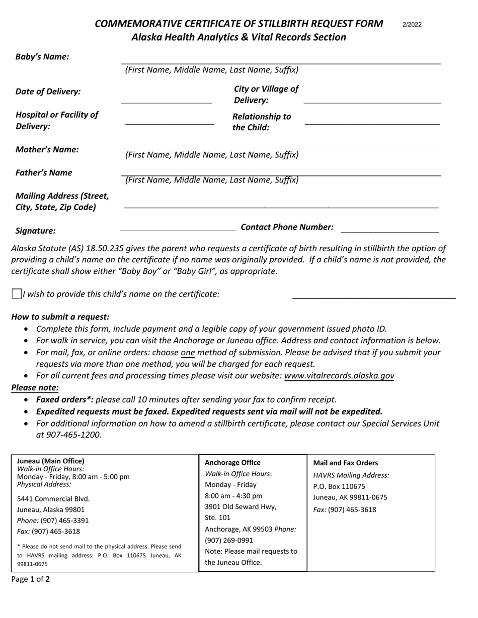 Alaska Commemorative Certificate of Stillbirth Request Form - Fill Out ...
