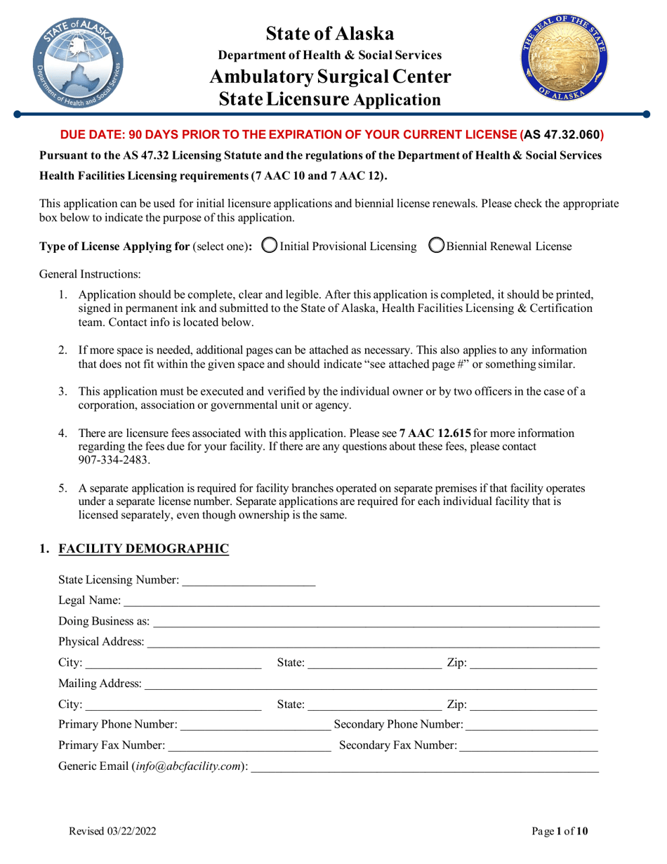 Alaska Ambulatory Surgical Center State Licensure Application - Fill ...