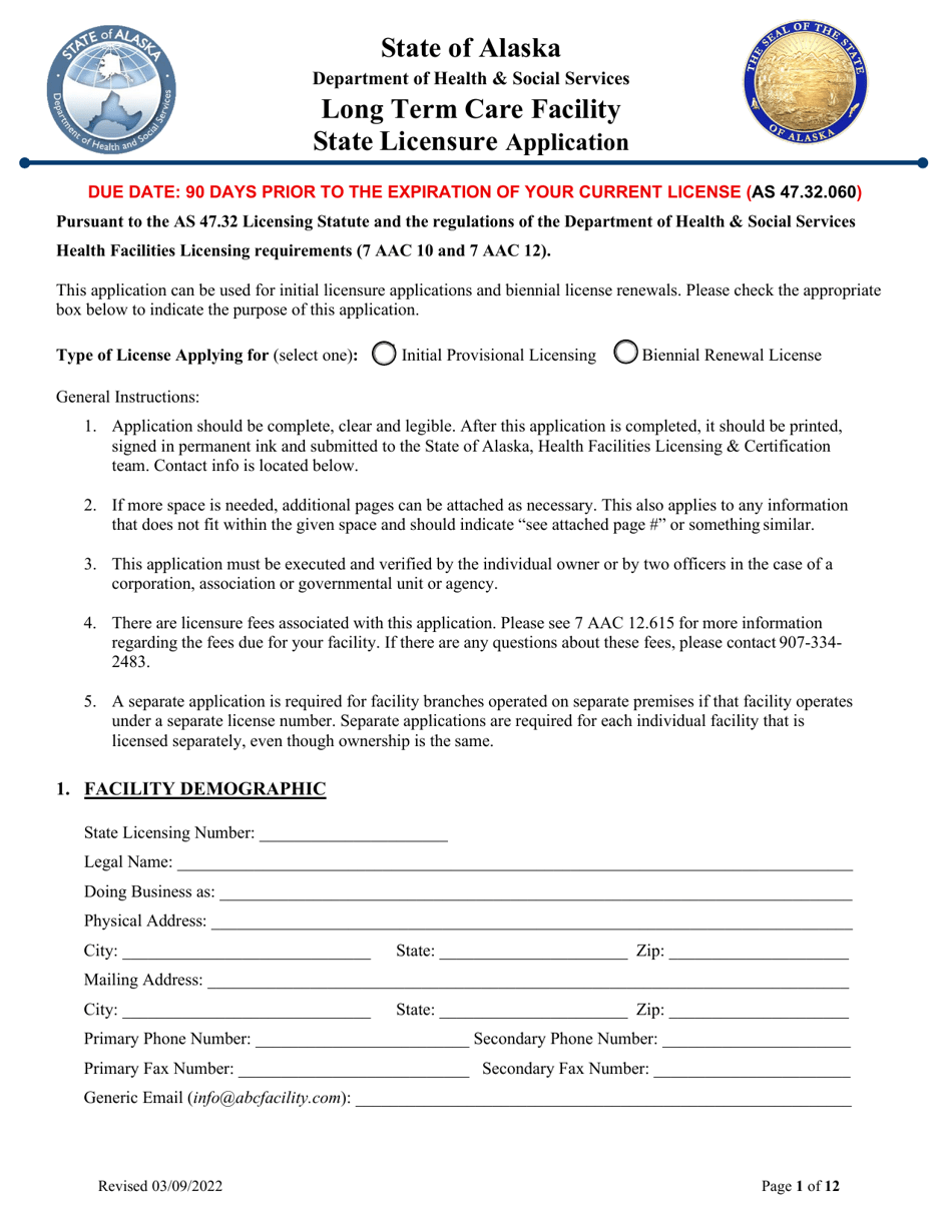Alaska Long Term Care Facility State Licensure Application - Fill Out ...
