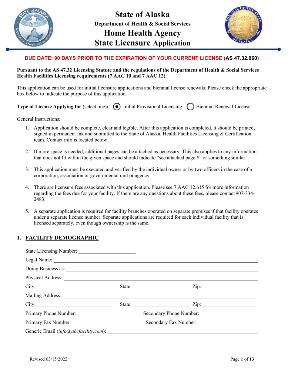 Alaska Home Health Agency State Licensure Application - Fill Out, Sign ...