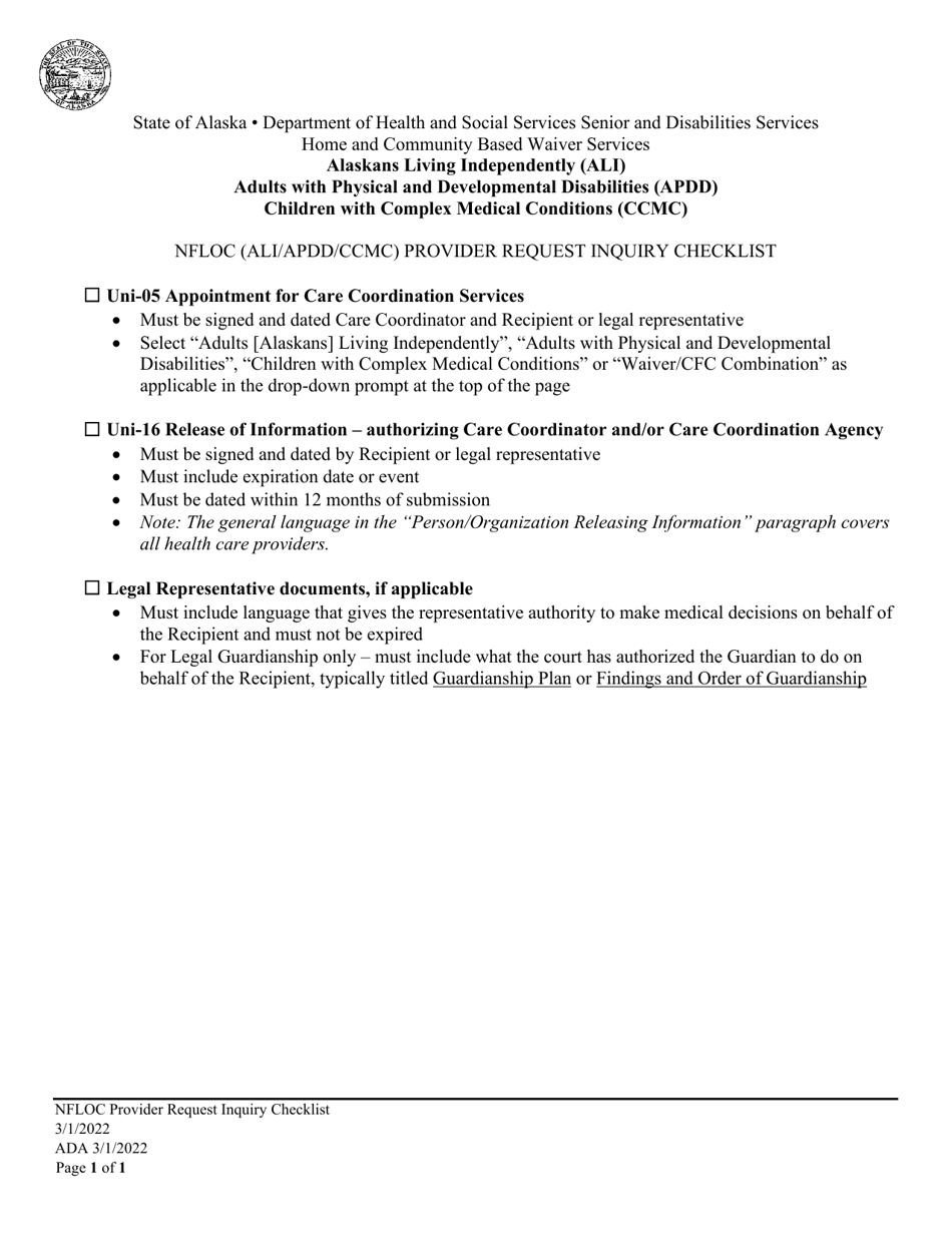 Alaska Nfloc (Ali/Apdd/Ccmc) Provider Request Inquiry Checklist - Fill ...