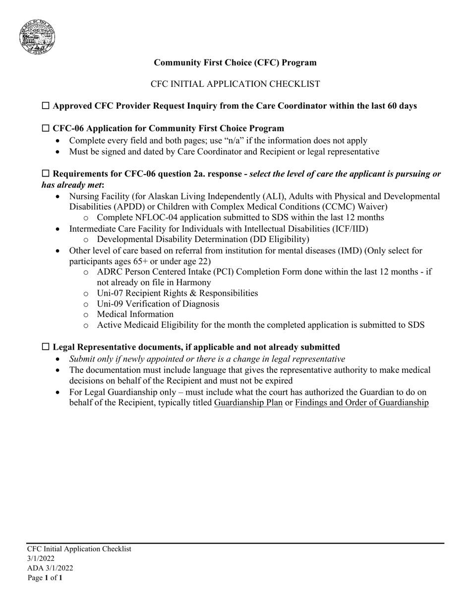 Alaska Cfc Initial Application Checklist - Community First Choice (Cfc ...