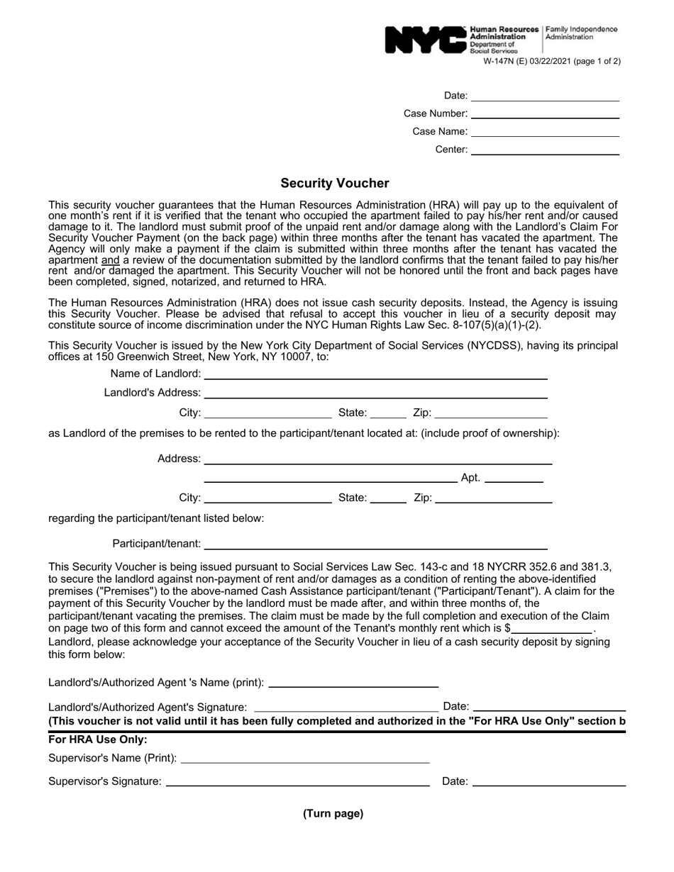 Form W-147N Download Fillable PDF or Fill Online Security Voucher, New ...