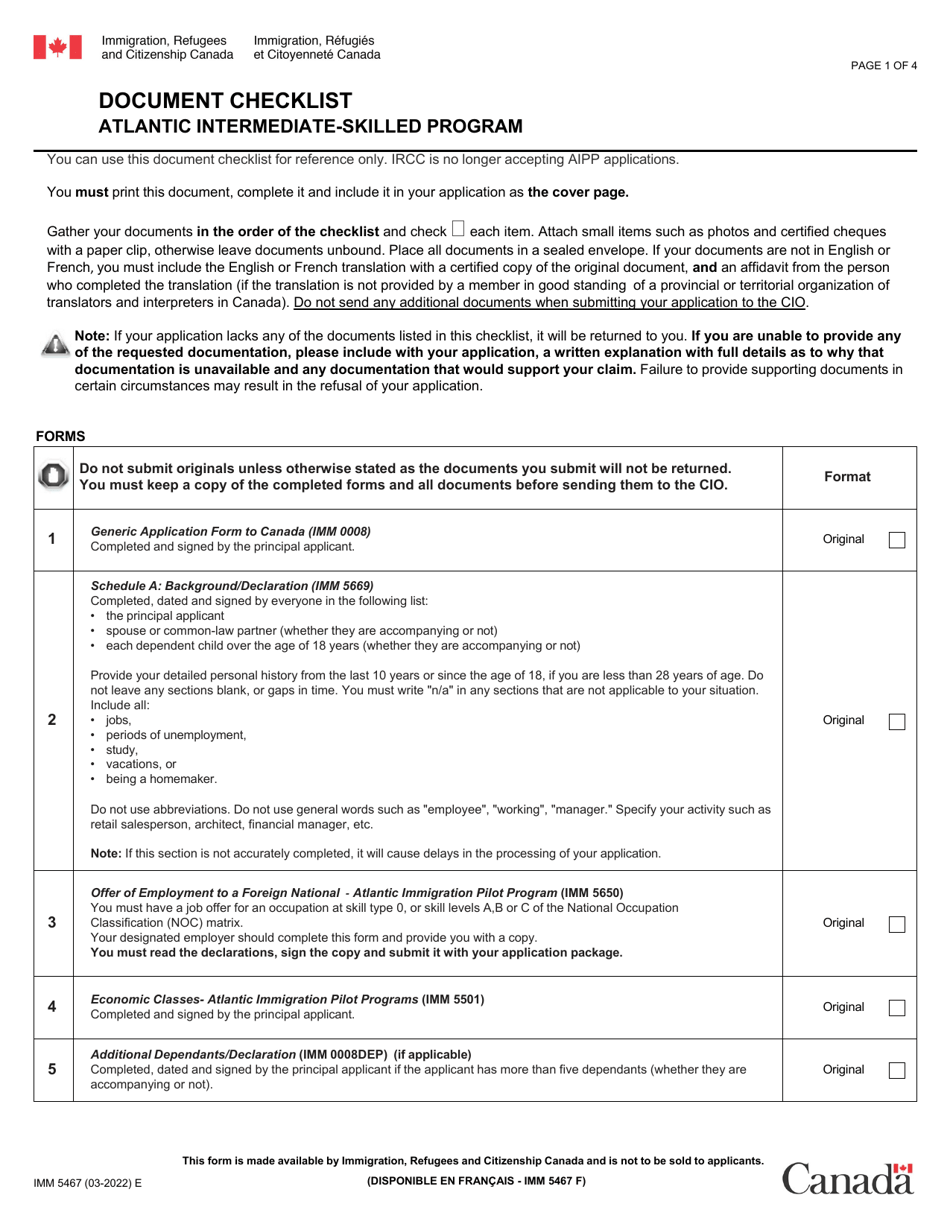 Form IMM5467 Download Fillable PDF Document Checklist - Atlantic ...