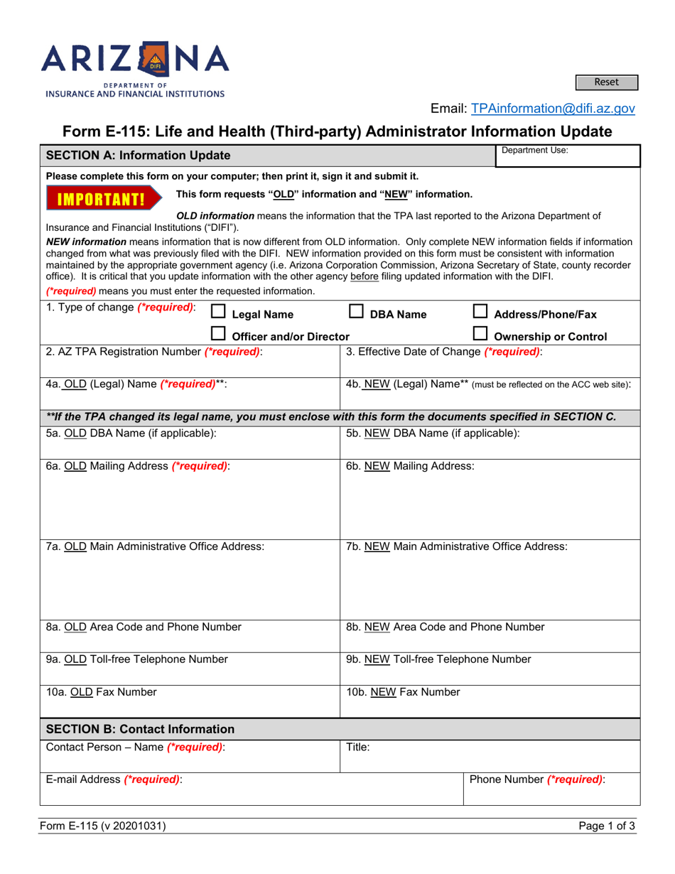 Form E-115 Download Fillable PDF or Fill Online Life and Health (Third ...
