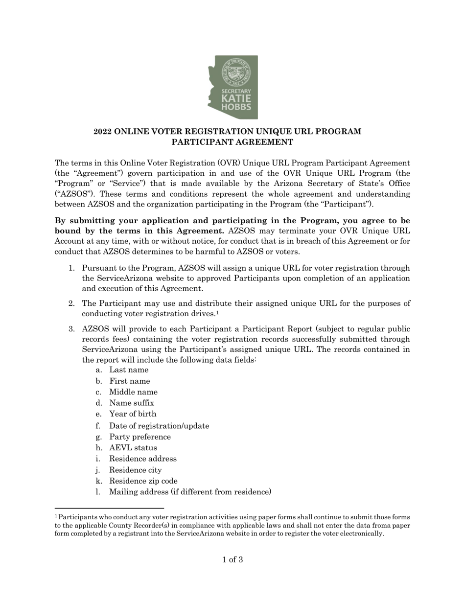 2022 Arizona Participant Agreement - Online Voter Registration Unique Url Program - Fill Out ...