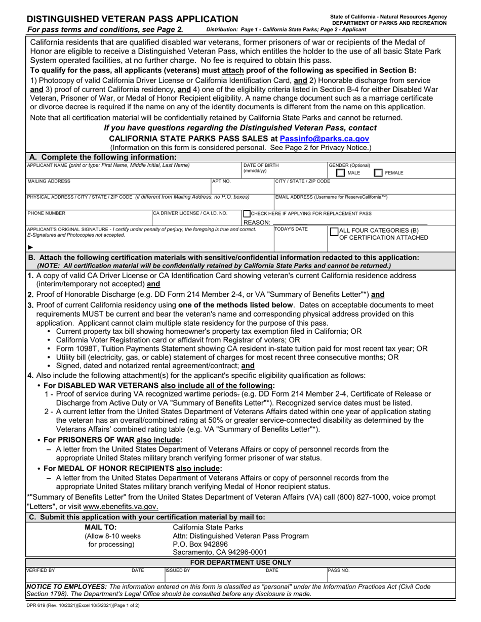 Form DPR619 Download Fillable PDF or Fill Online Distinguished Veteran ...