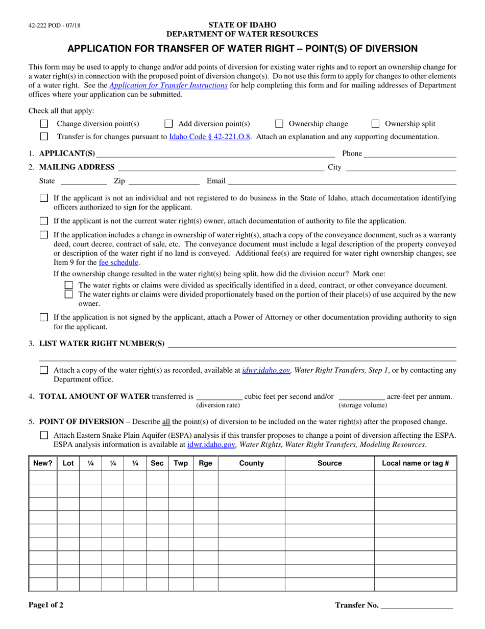 Idaho Application for Transfer of Water Right - Point(S) of Diversion ...