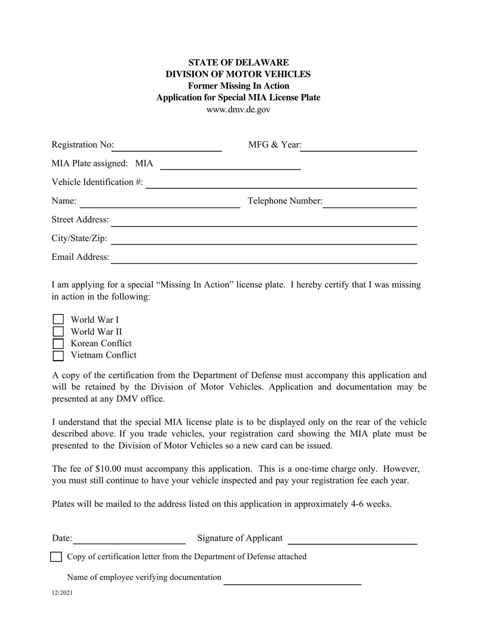 Delaware Former Missing in Action Application for Special Mia License ... Delaware Former Missing in Action Application for Special Mia License ...