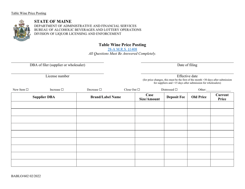 Form BABLO/602 - Fill Out, Sign Online and Download Fillable PDF, Maine ...