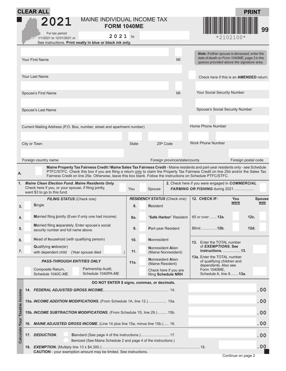 Form 1040ME - 2021 - Fill Out, Sign Online and Download Fillable PDF ...
