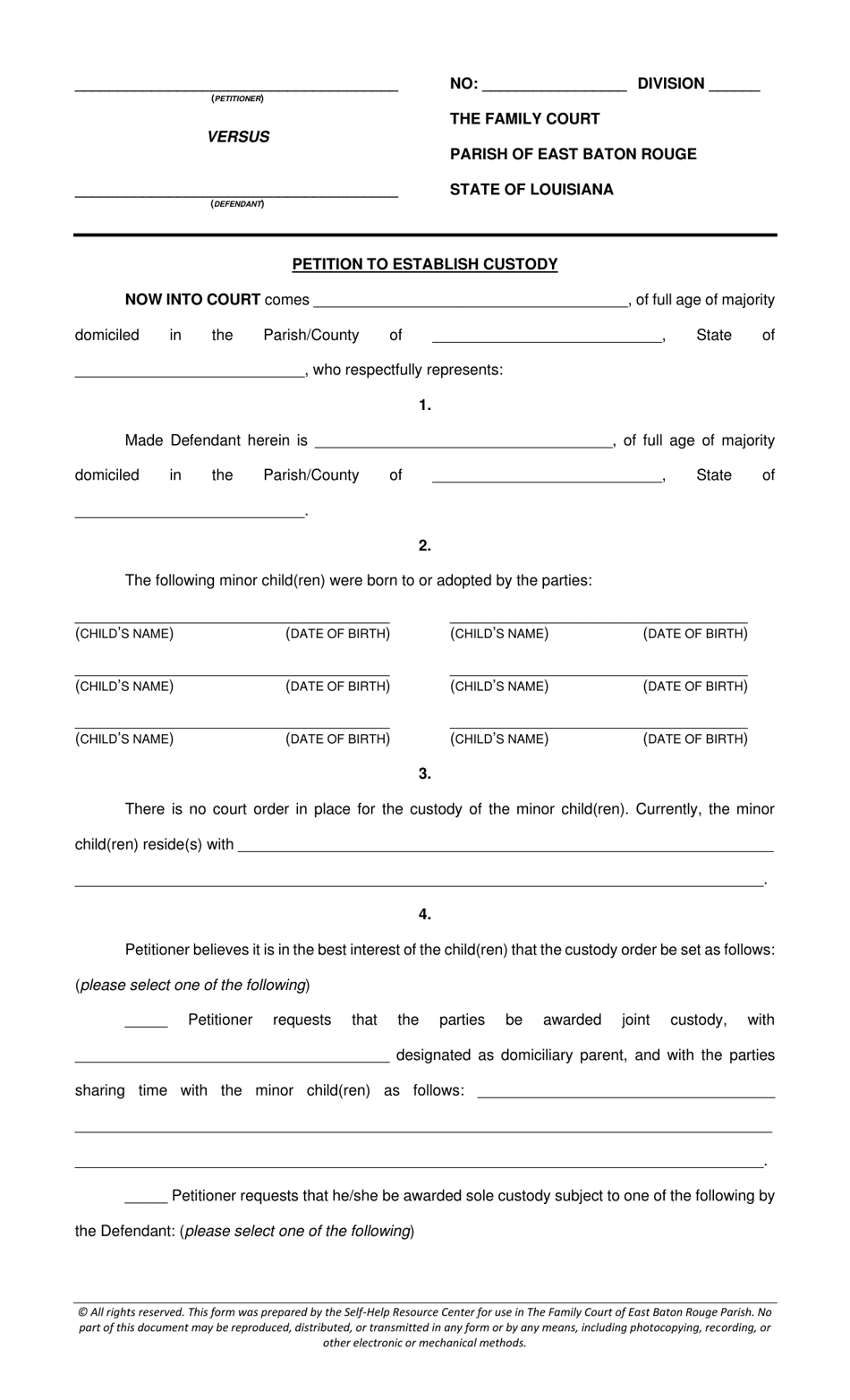 Parish of East Baton Rouge, Louisiana Petition to Establish Custody ...