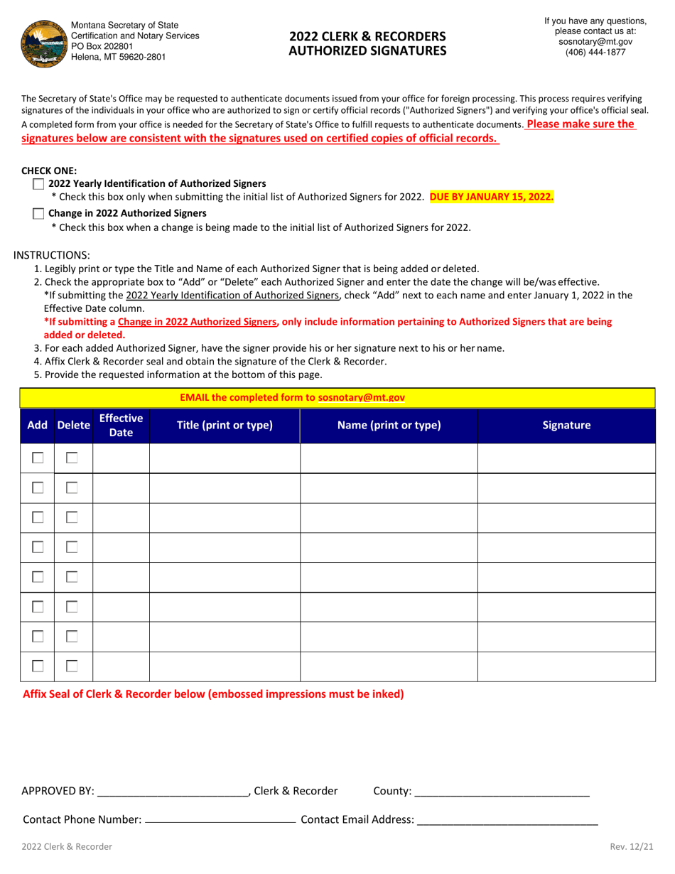 2022 Montana Clerk & Recorders Authorized Signatures - Fill Out, Sign ...