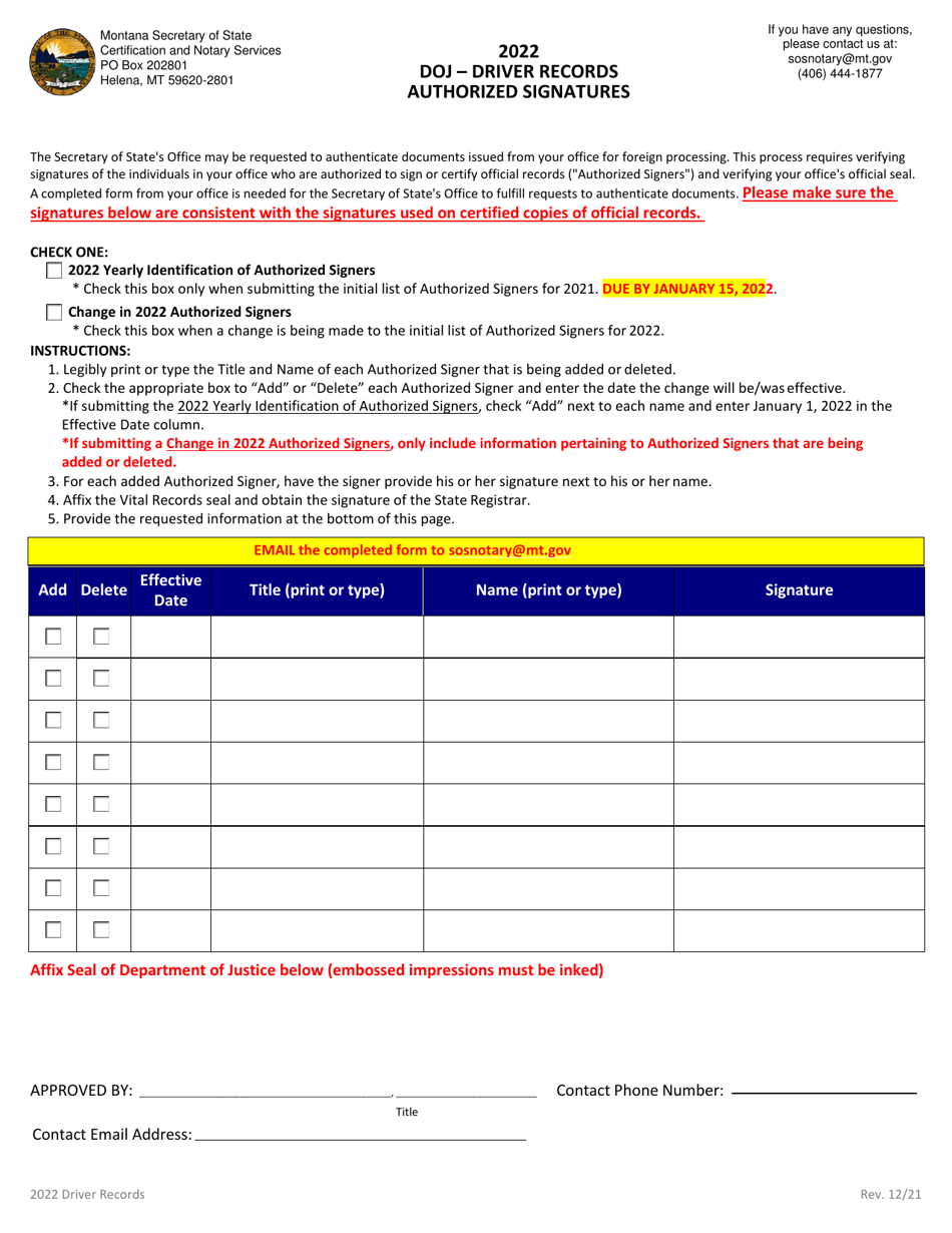 2022 Montana Doj - Driver Records Authorized Signatures - Fill Out ...