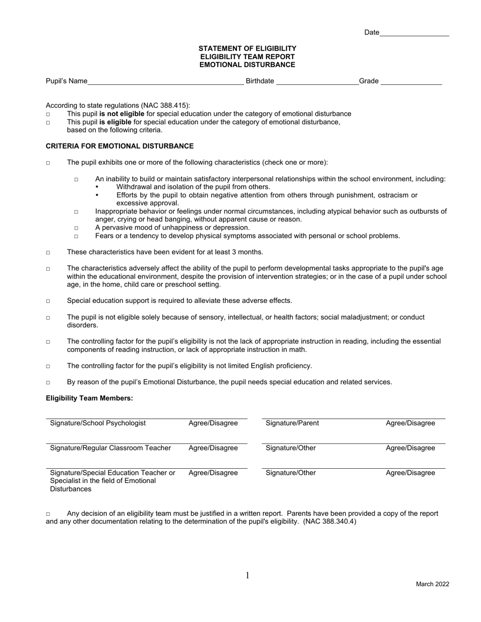 Nevada Statement of Eligibility - Emotional Disturbance - Fill Out ...